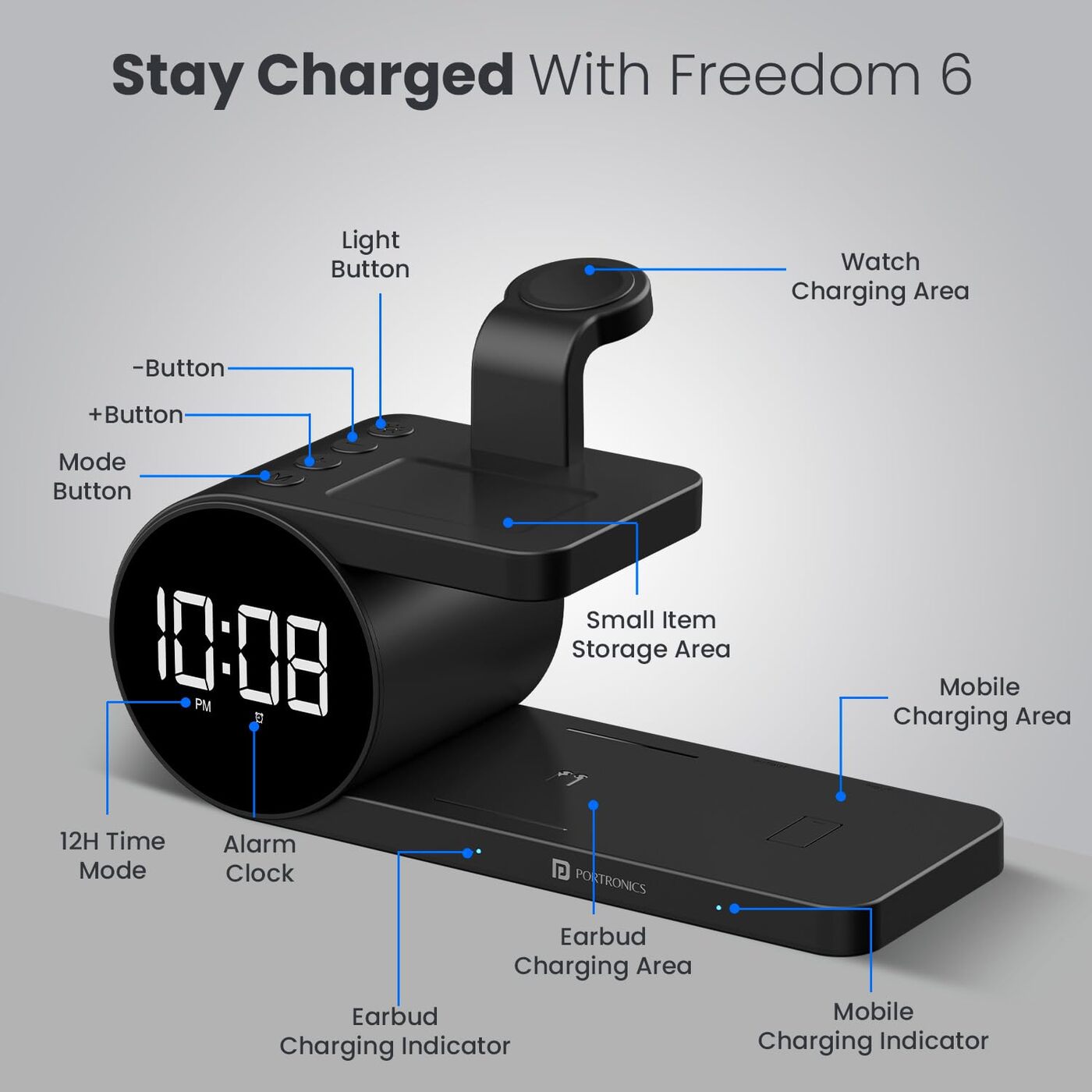 Portronics Freedom 6 15W Wireless Charger - 6-in-1, Fast Charging