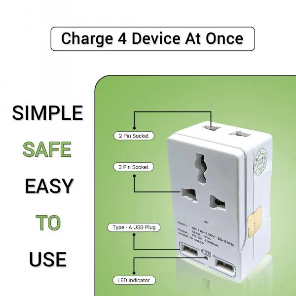 Multipurpose 3-Pin Plug with USB, Travel Adapter, Socket Charger