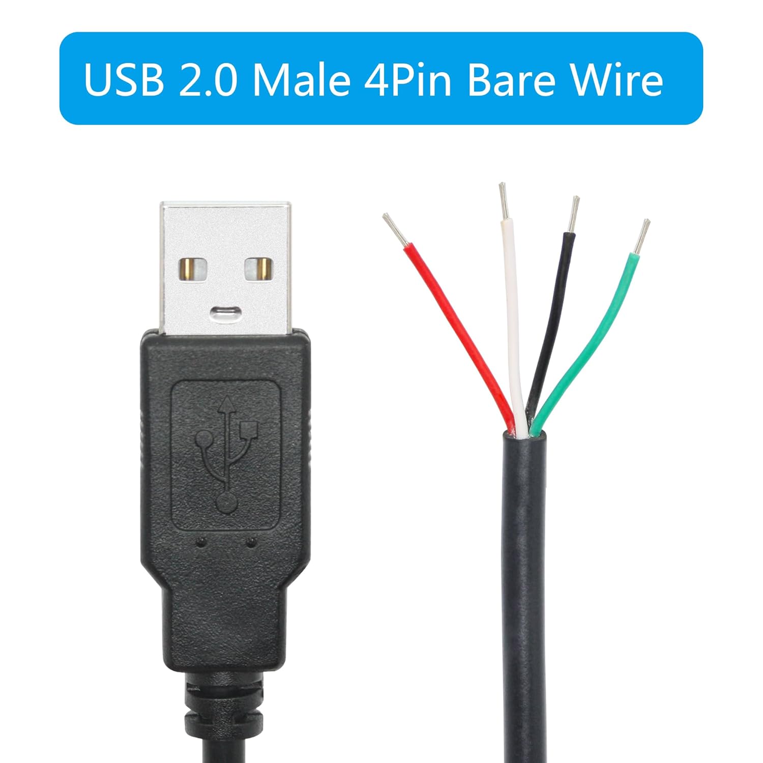 USB A to Bare Wire Cable 5V/2A, 1m, 4-Core for DIY, Repair