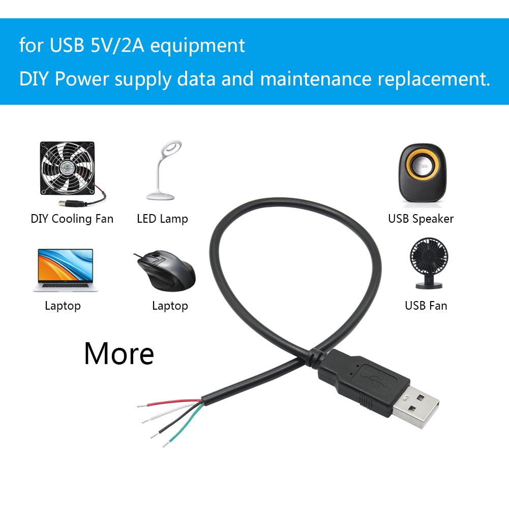 USB A to Bare Wire Cable 5V/2A, 1m, 4-Core for DIY, Repair
