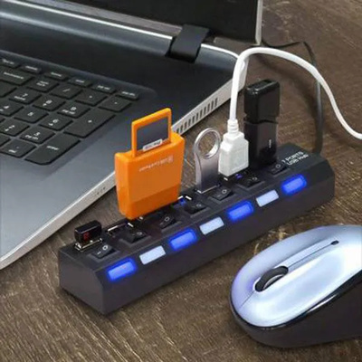 USB Hub 7 Port with Individual Power Switches & Lights Black